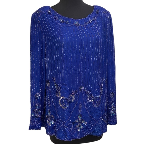 Scala | Tops | Vintage Scala Silk Royal Blue Beaded Sequin Top Sz L ...